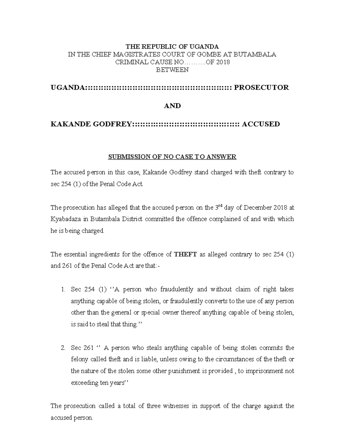 Submission of No Case to Answer: Kakande v. Prosecutor, Criminal Cause ...