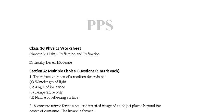 Class 10 Physics Light Worksheet new light - PPS Class 10 Physics ...