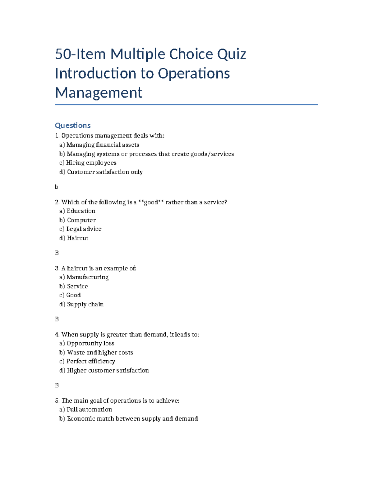OM Quiz: 50 Multiple Choice Questions on Operations Management - Studocu