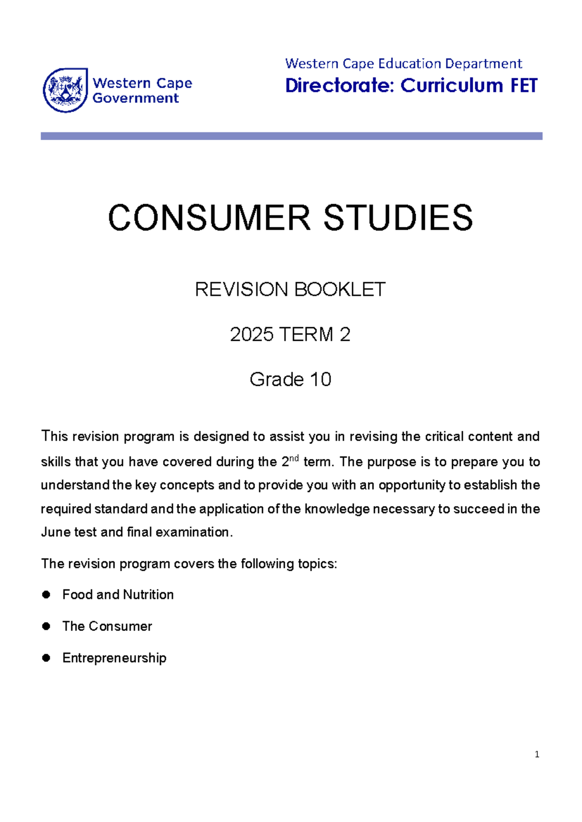 Consumer Studies Grade 10 Revision Booklet TERM 2 2025 - Studocu