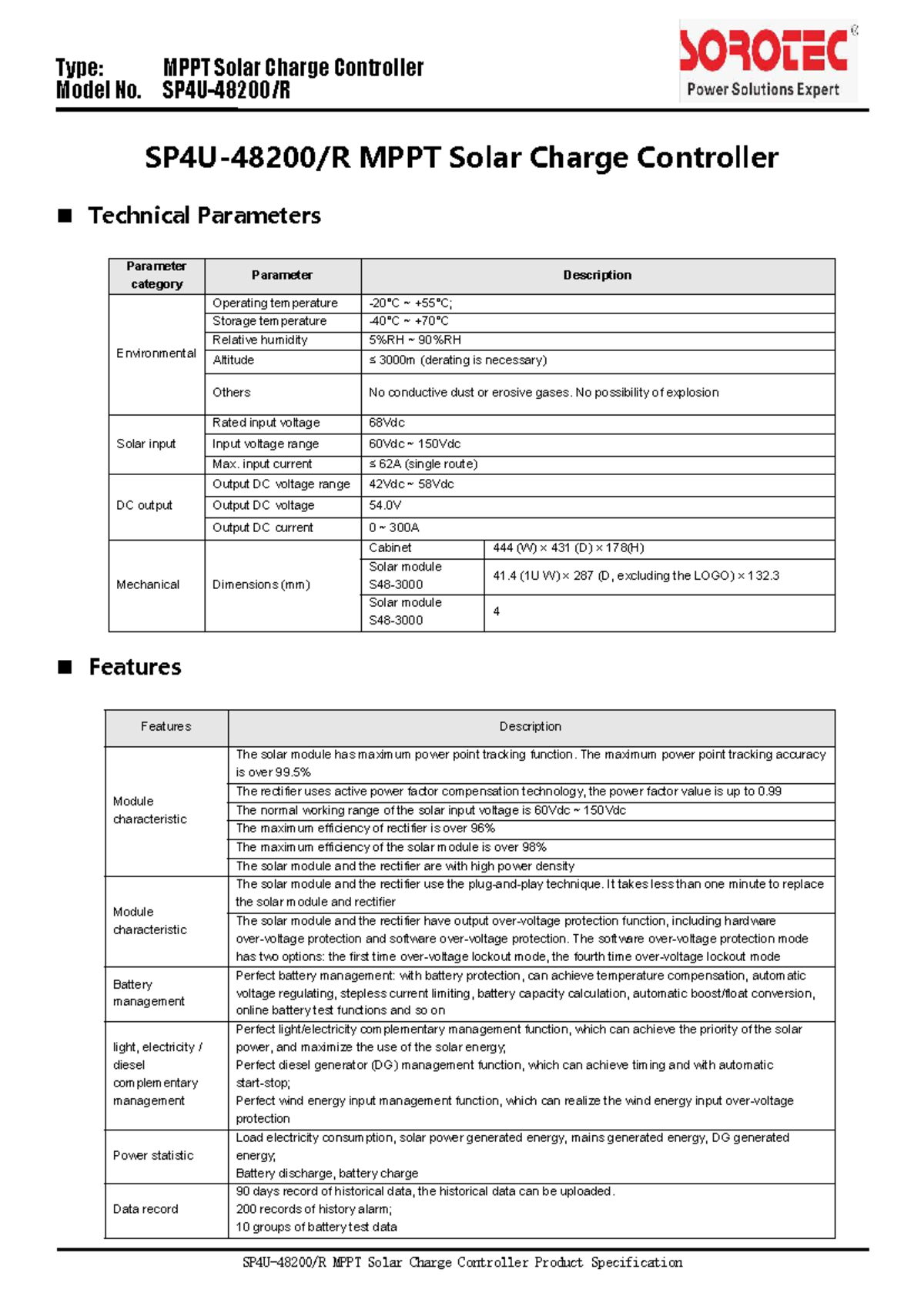 SP4U-48200 R MPPT Solar Charge Controller Technical Specifications - Studocu