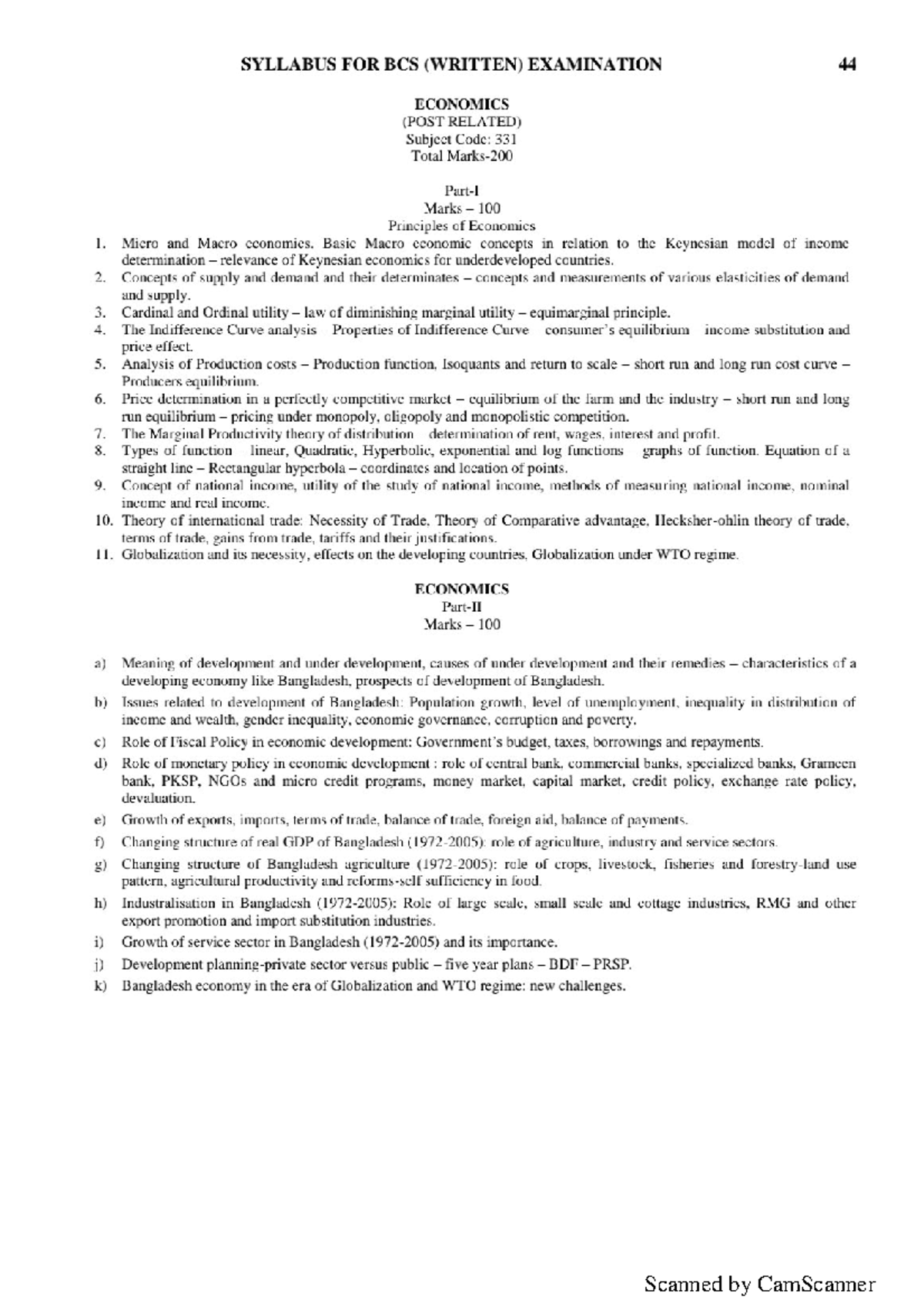 BCS Written Economics Syllabus & Key Questions for Subject 331 - Studocu