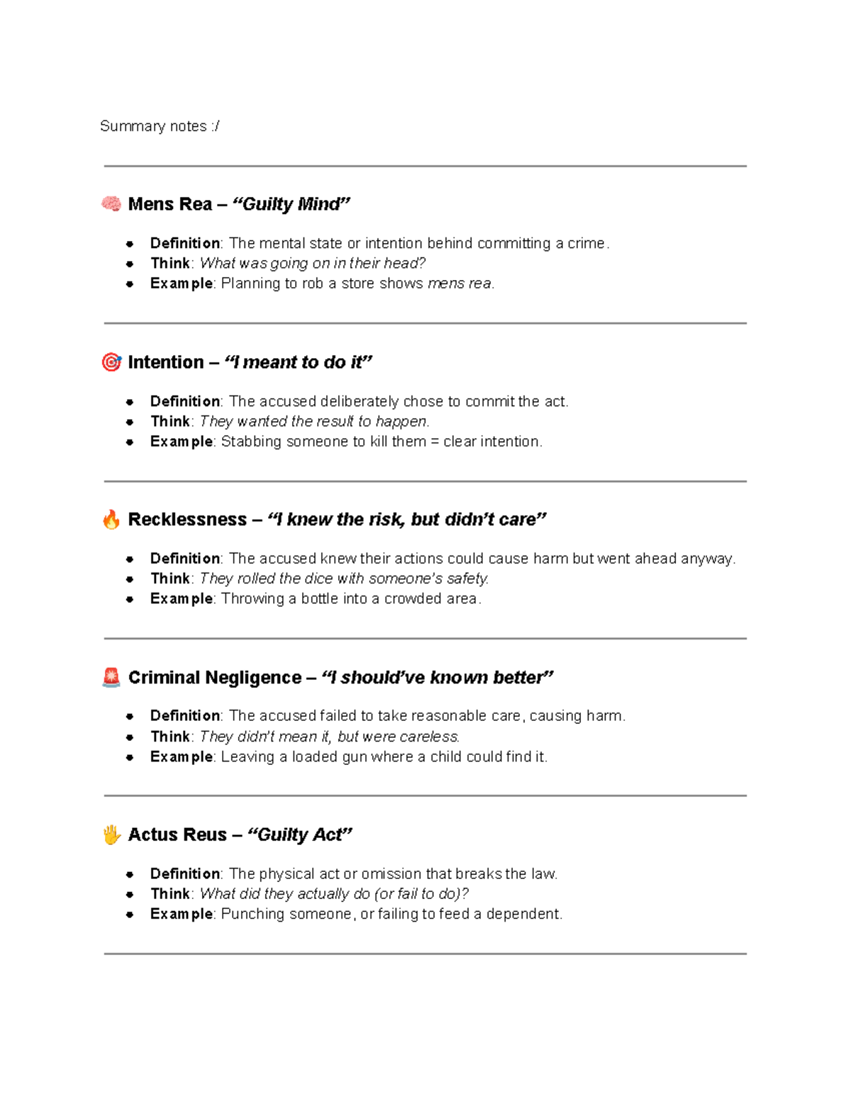 Crime Summary Notes: Mens Rea, Actus Reus, and Offence Types - Studocu
