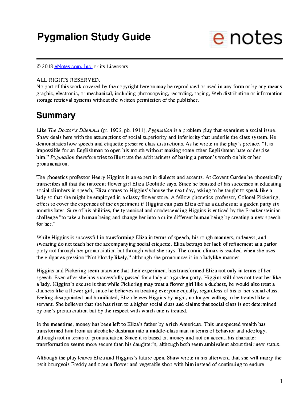 Pygmalion Study Guide: Themes, Characters, and Analysis - Studocu