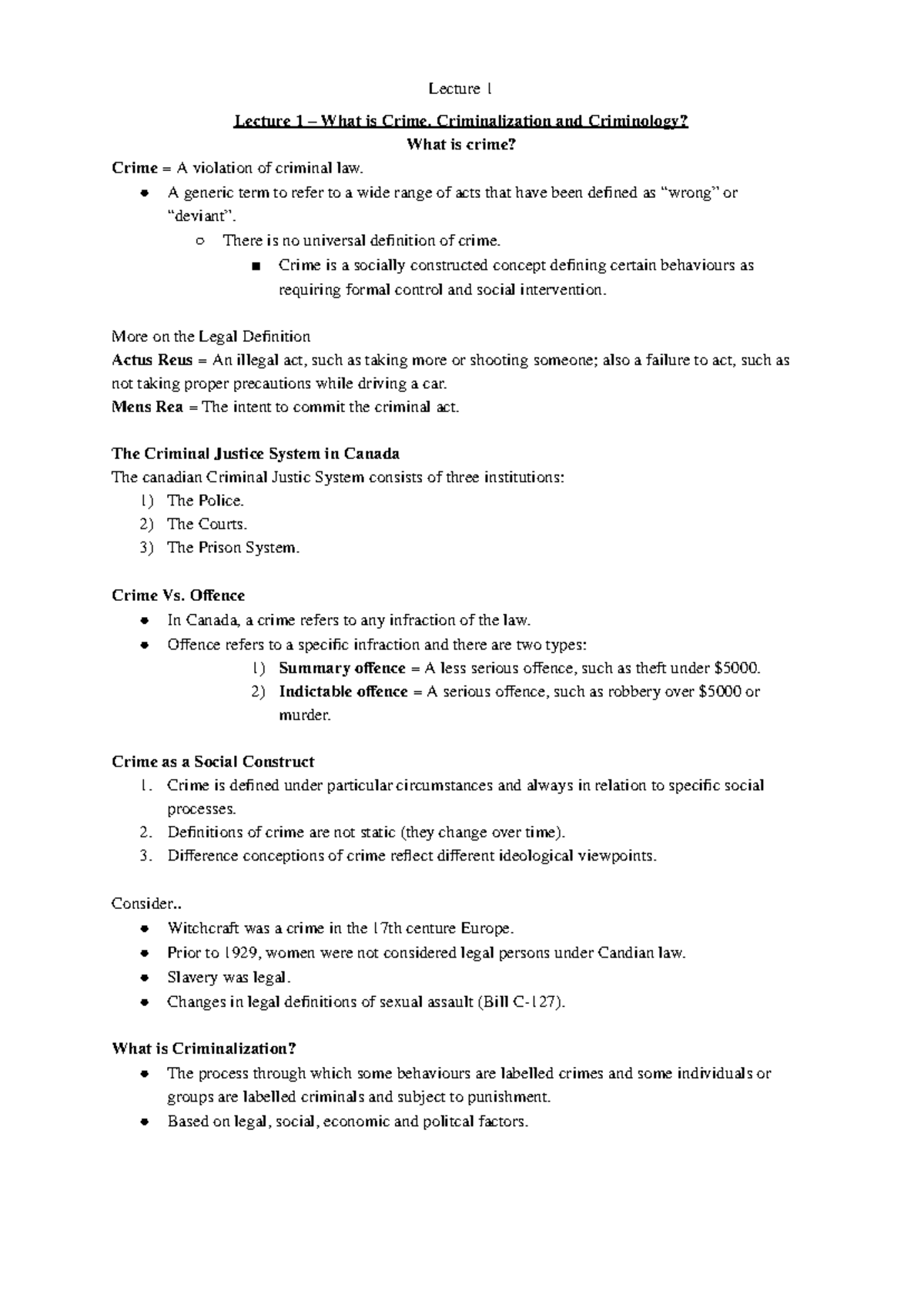 CRM101 L1 - Intro to Crime, Criminalization & Criminology - Studocu