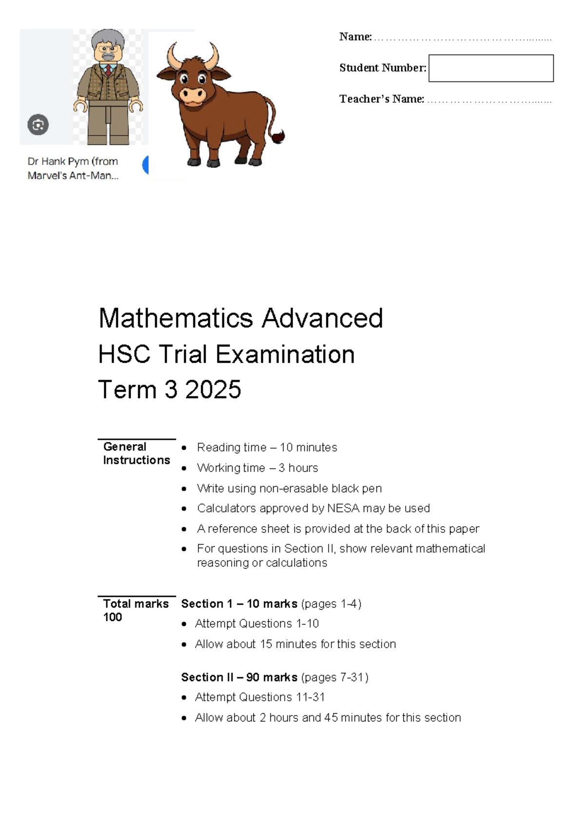 2025 Pymble Adv. Math HSC Trial Exam - Full Paper - Studocu