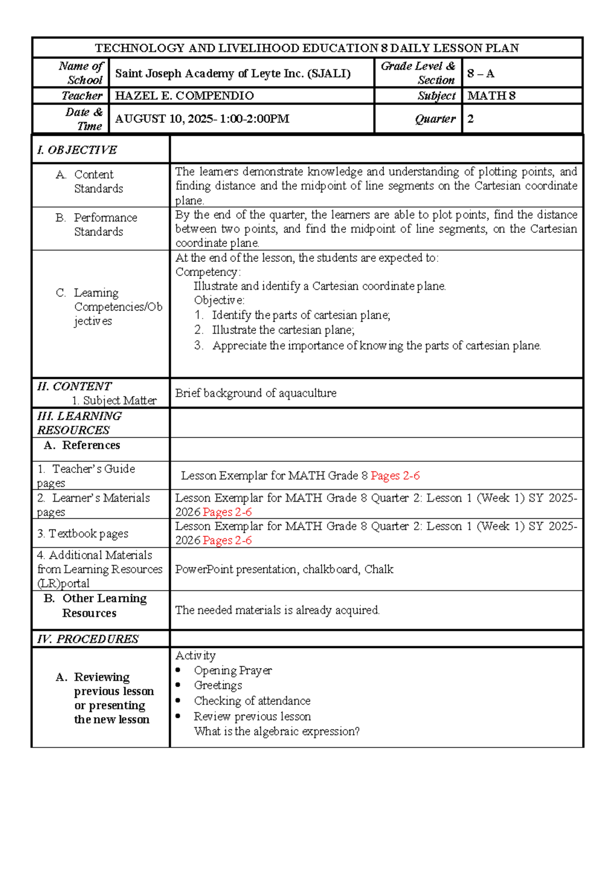 MATH 8 Daily Lesson Plan: Cartesian Coordinate Plane Concepts - Studocu