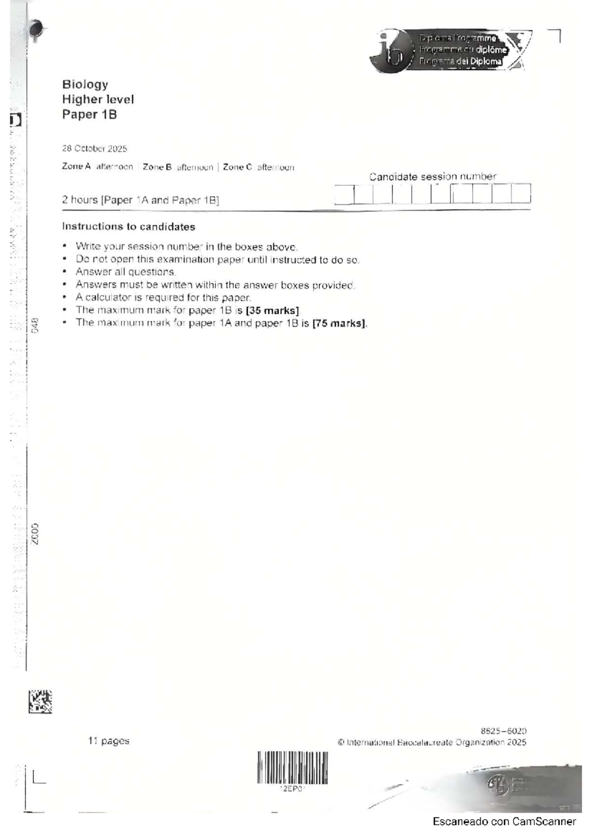 Biology HL Z006 Paper 1B Exam - 28 October 2025 - Studocu