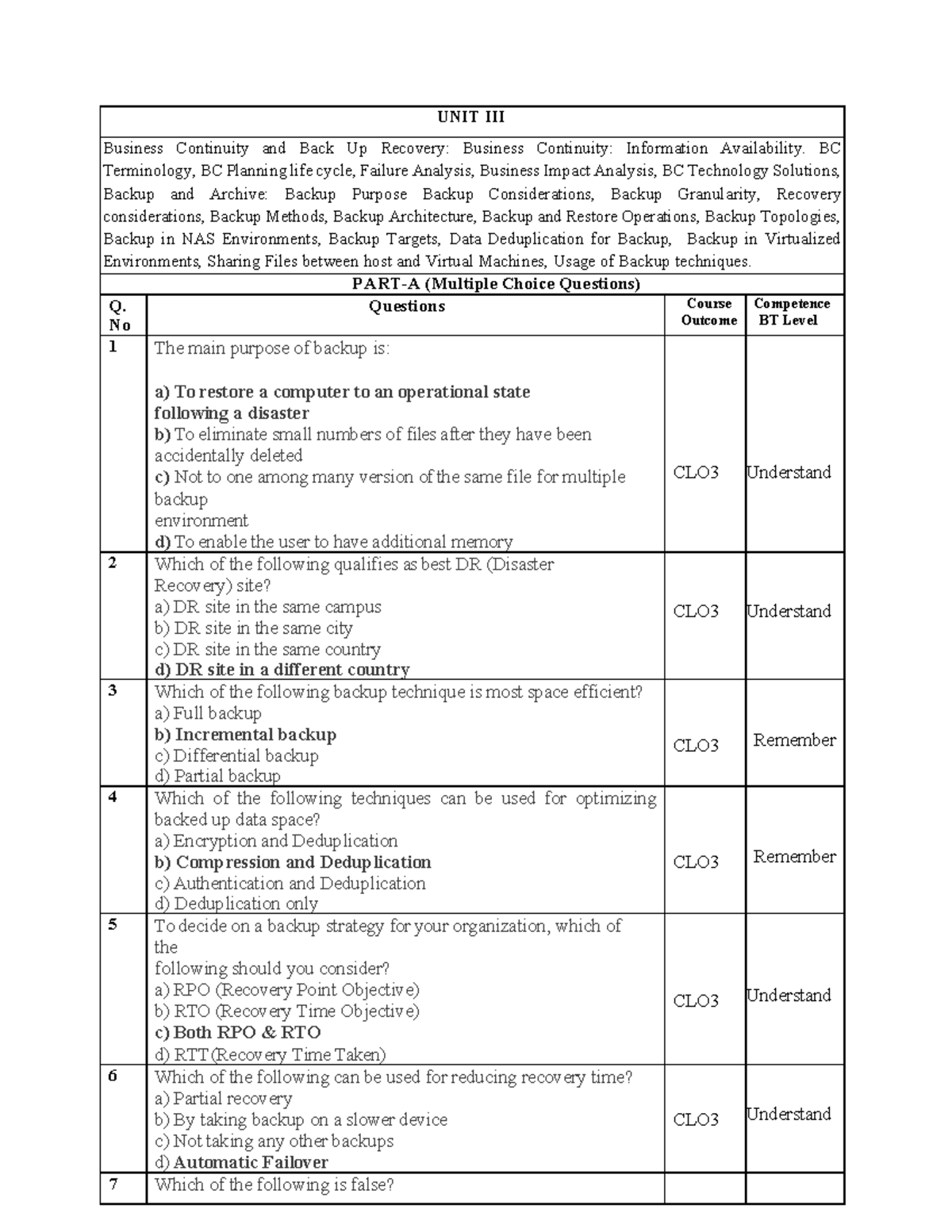ISM UNIT 3 MCQs - Business Continuity & Backup Recovery - Studocu