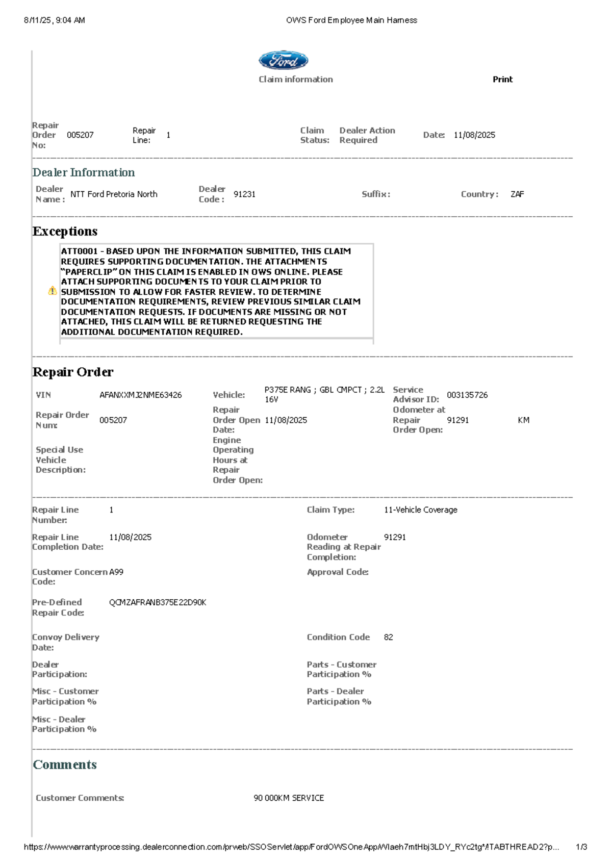 Repair Order 005207: OWS Ford Employee Main Harness Claim Details - Studocu
