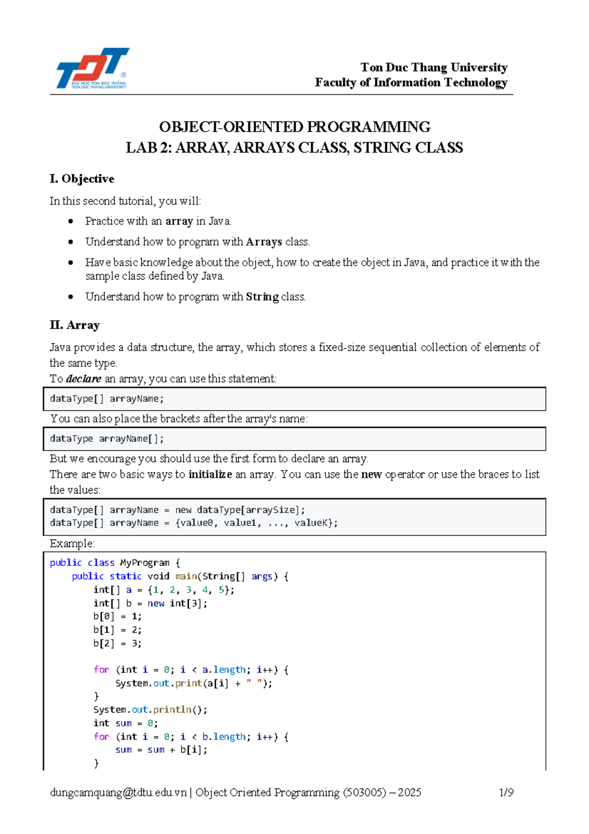 Object Oriented Programming (503005) Lab 2: Java Arrays & String Class Guide - Studocu