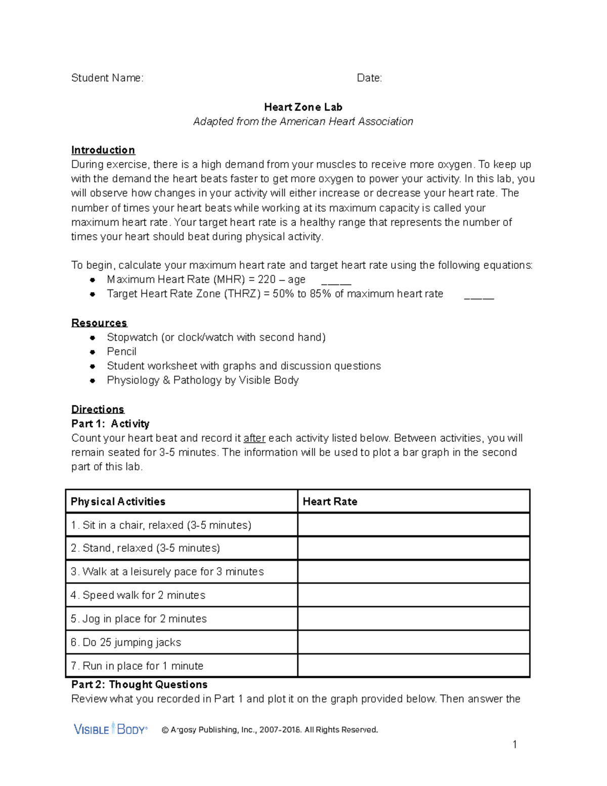 Heart Rate Lab - MHR & THRZ Calculations and Analysis Instructions ...