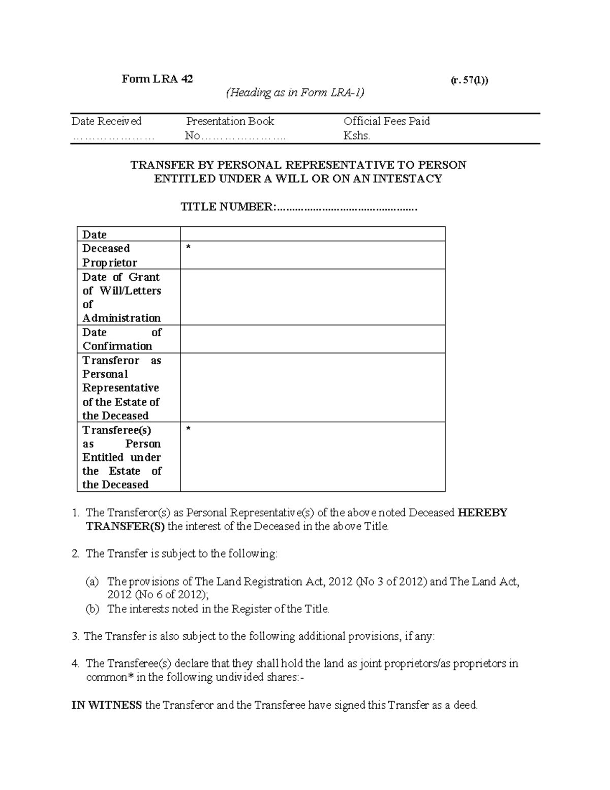 Form LRA 42: Transfer by Personal Representative to Entitled Person ...