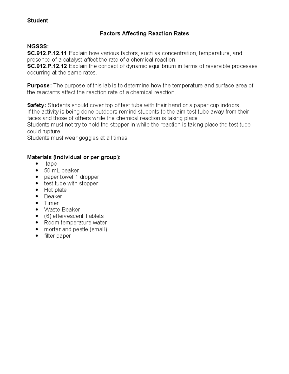 Factors Affecting Reaction Rates - Student Factors Affecting Reaction ...