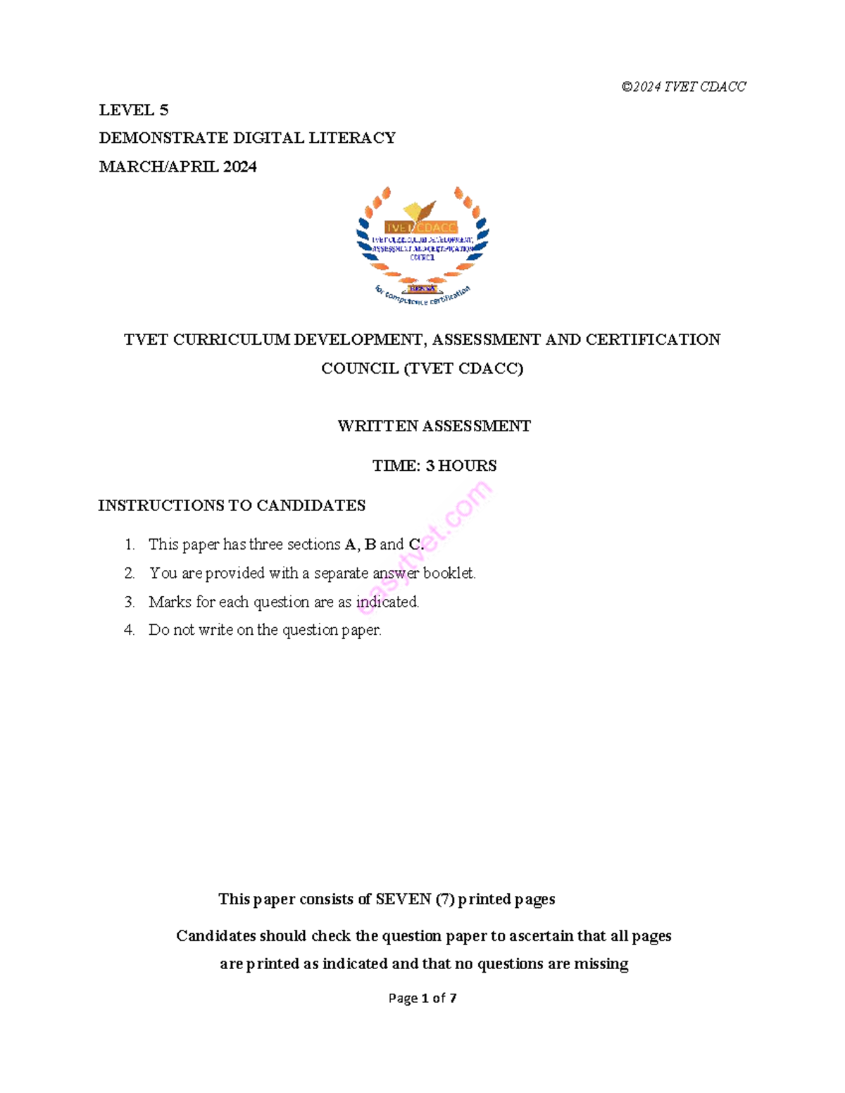 TVET CDACC LEVEL 5 DIGITAL LITERACY WRITTEN ASSESSMENT 2024 - Studocu