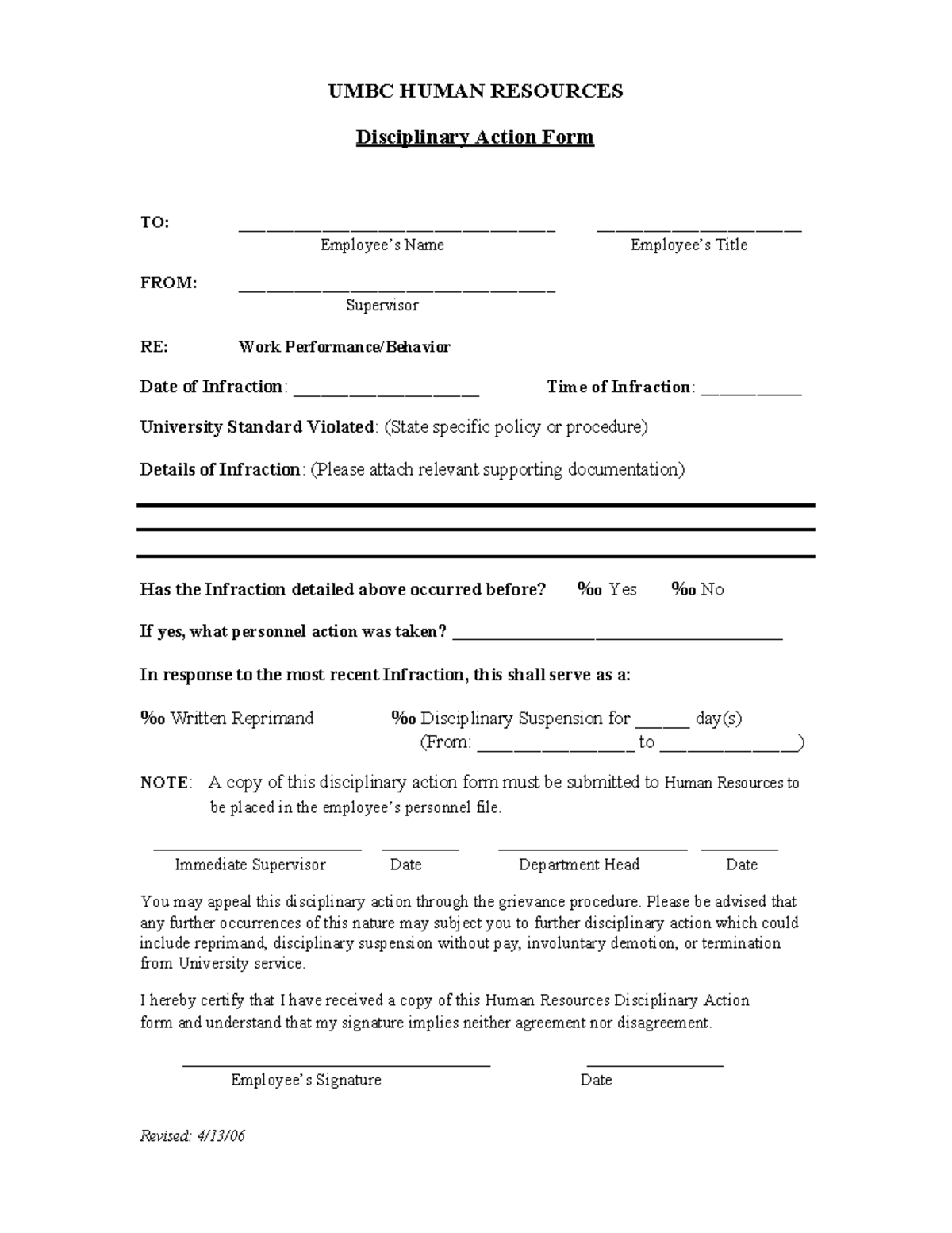 UMBC HR Disciplinary Action Form - Documentation & Process - Studocu