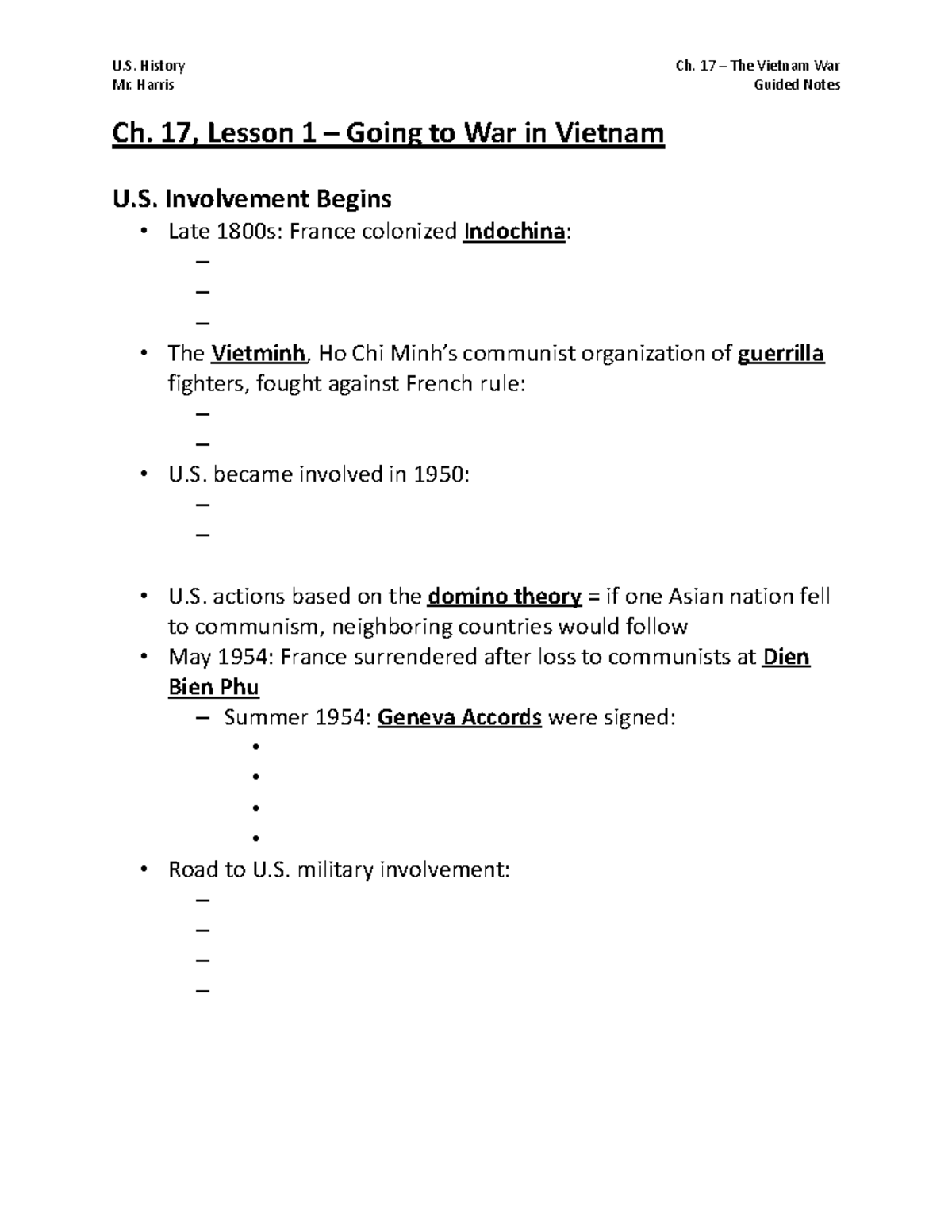 USHG Ch. 17 Guided Notes: The Vietnam War Overview and Key Events - Studocu