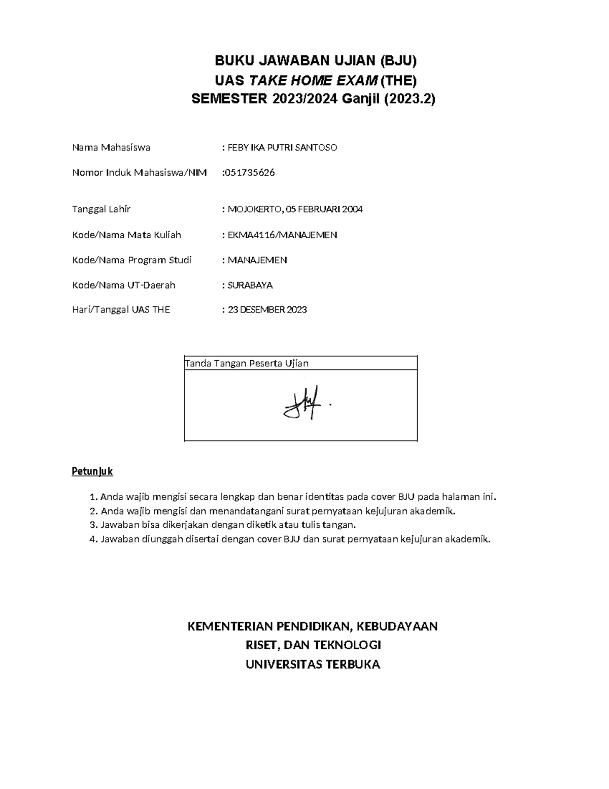 BJU UAS TAKE HOME EXAM MANAJEMEN SEMESTER Ganjil 2023.2 - Studocu