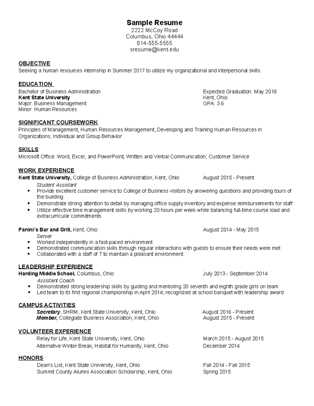 HR Internship Resume Sample for Kent State University Students - Studocu