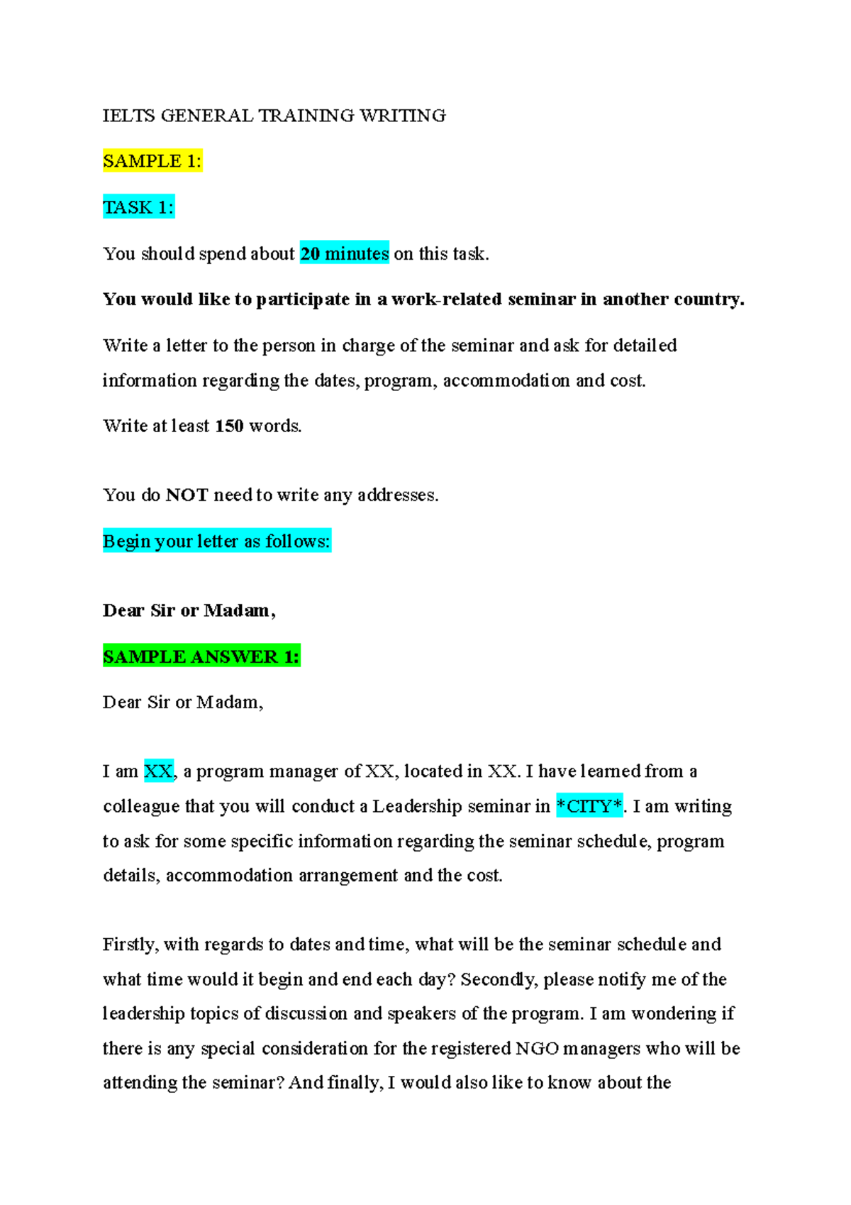 IELTS General Writing Task 1: Week 1 Samples and Guidelines - Studocu