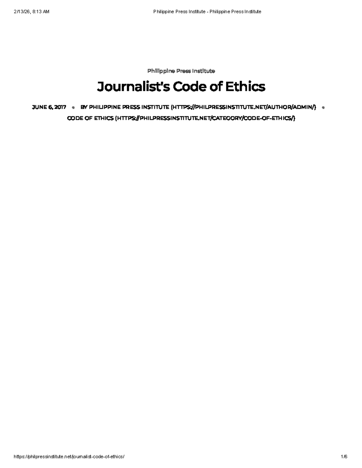 Philippine Press Institute Code of Ethics Overview (2017) - Studocu