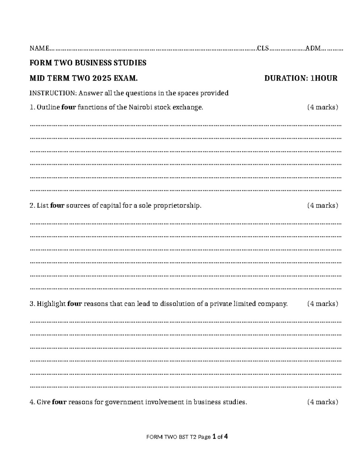 FORM TWO BST T2 BUSINESS STUDIES MIDTERM EXAM QUESTIONS 2025 - Studocu