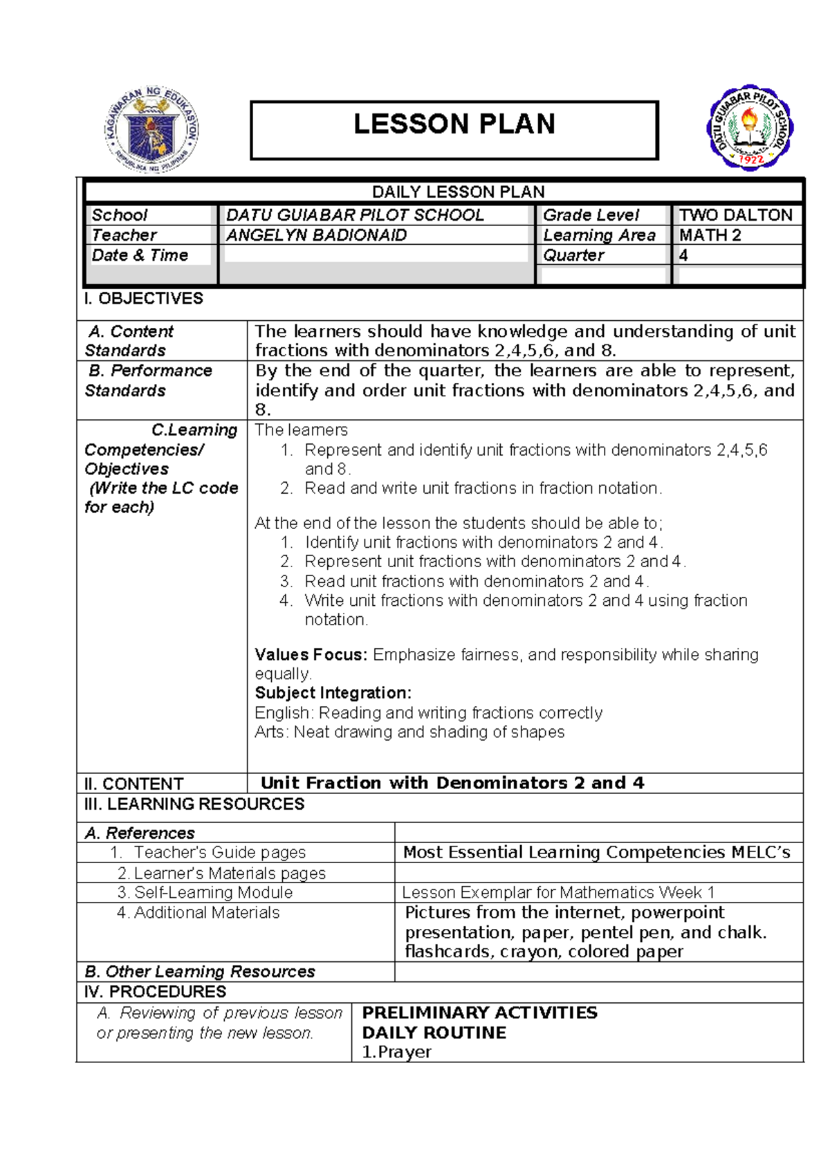 MATH 2 - Daily Lesson Plan on Unit Fractions (2 & 4) - Studocu