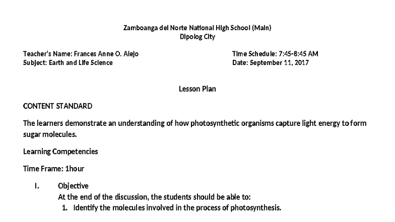 Lesson Plan: Photosynthesis in Earth and Life Science (ELSC 498436444 ...
