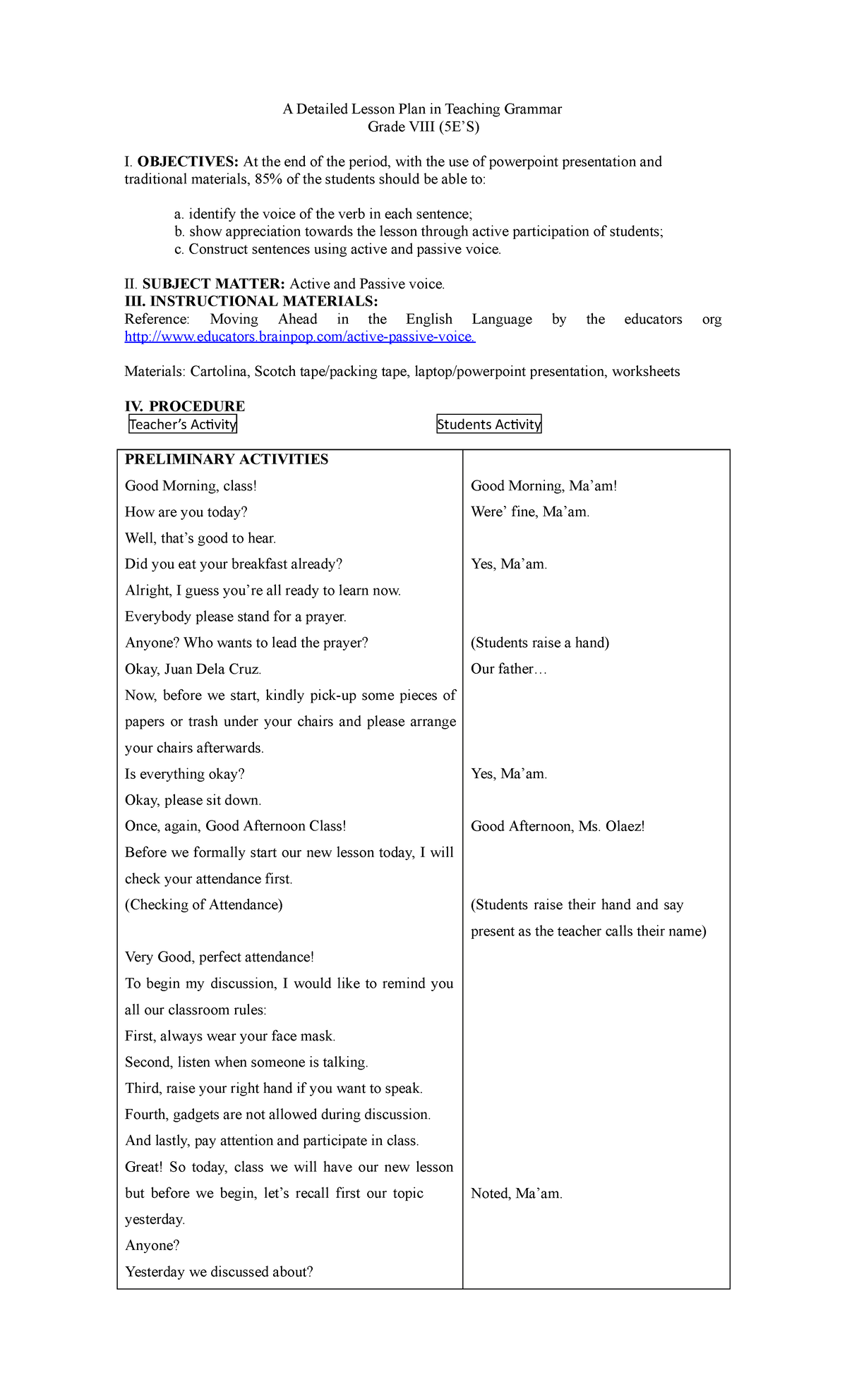 LP FOR Grammar DEMO Teaching - Teacher’s Activity Students Activity A ...