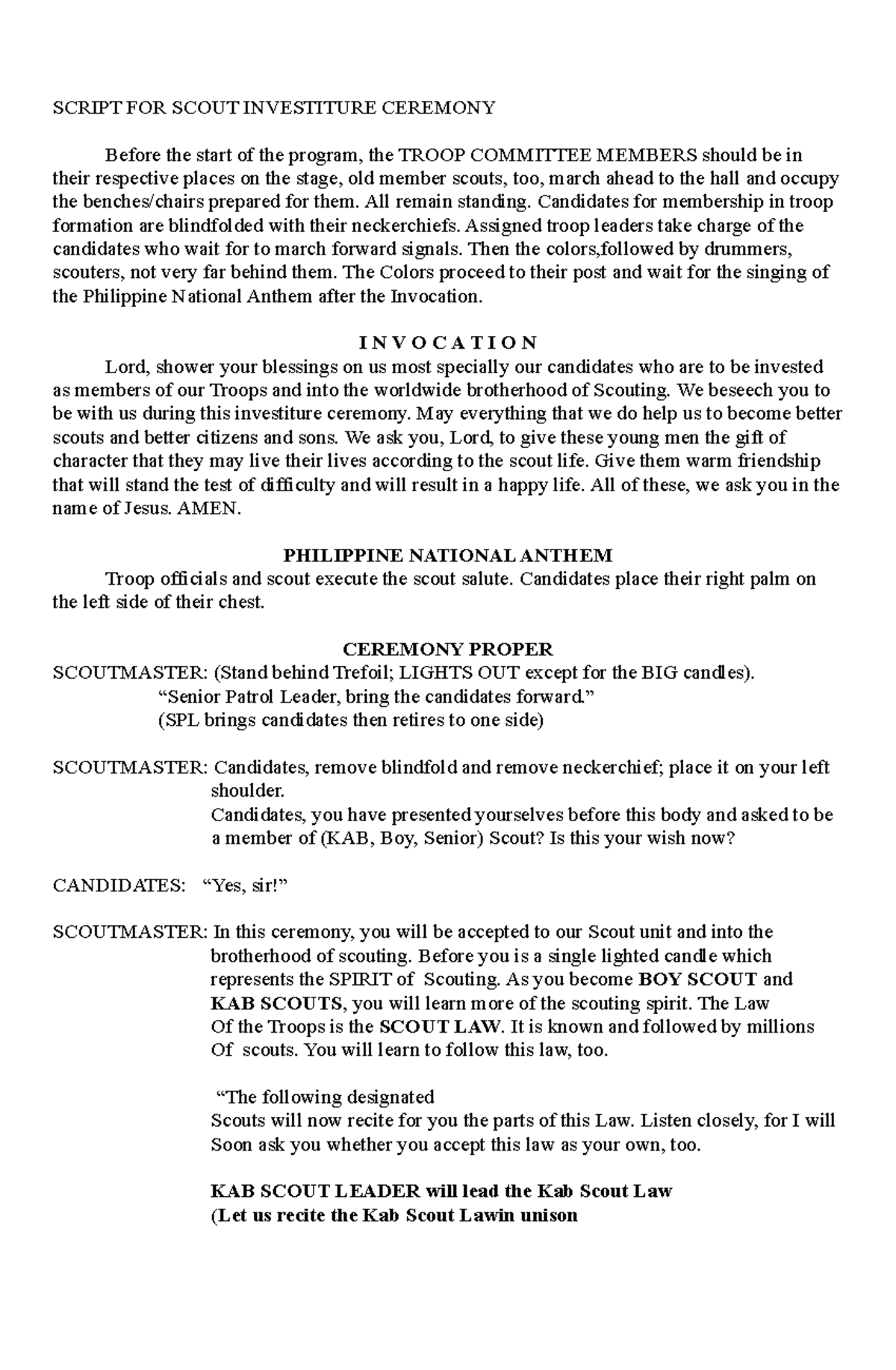 Scout Investiture Ceremony Script for Troop KAB and BOY SCOUTS - Studocu
