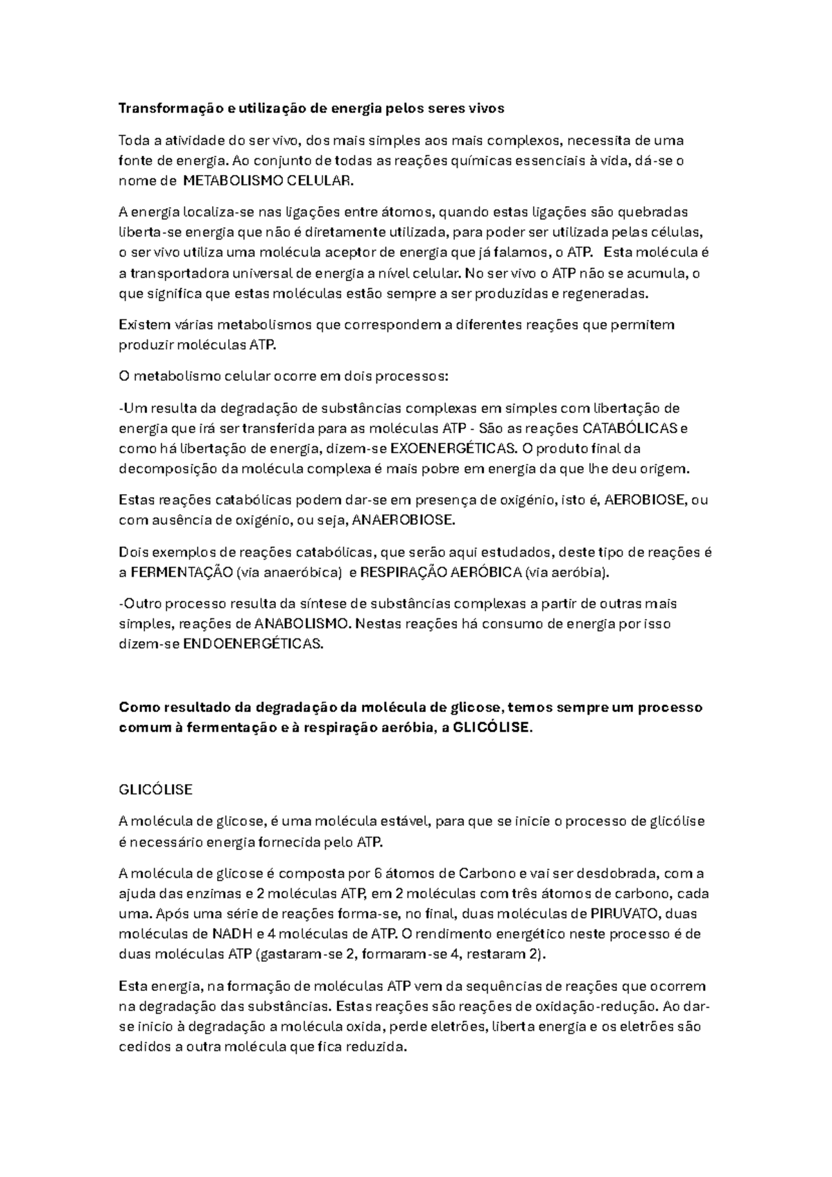 Metabolismo Celular: Transformação de Energia em Seres Vivos - Studocu