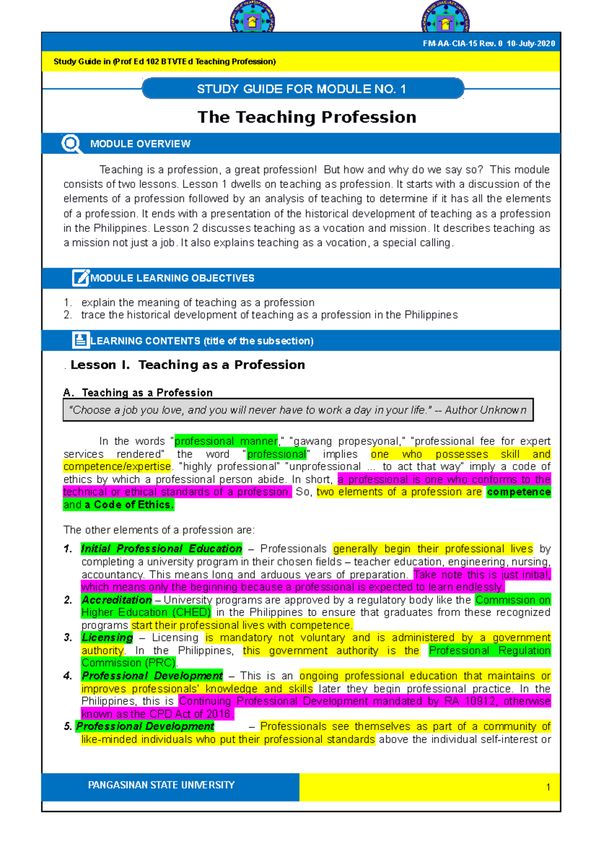 Module 1 Teaching PROF 2021 Activity - The Teaching Profession MODULE ...