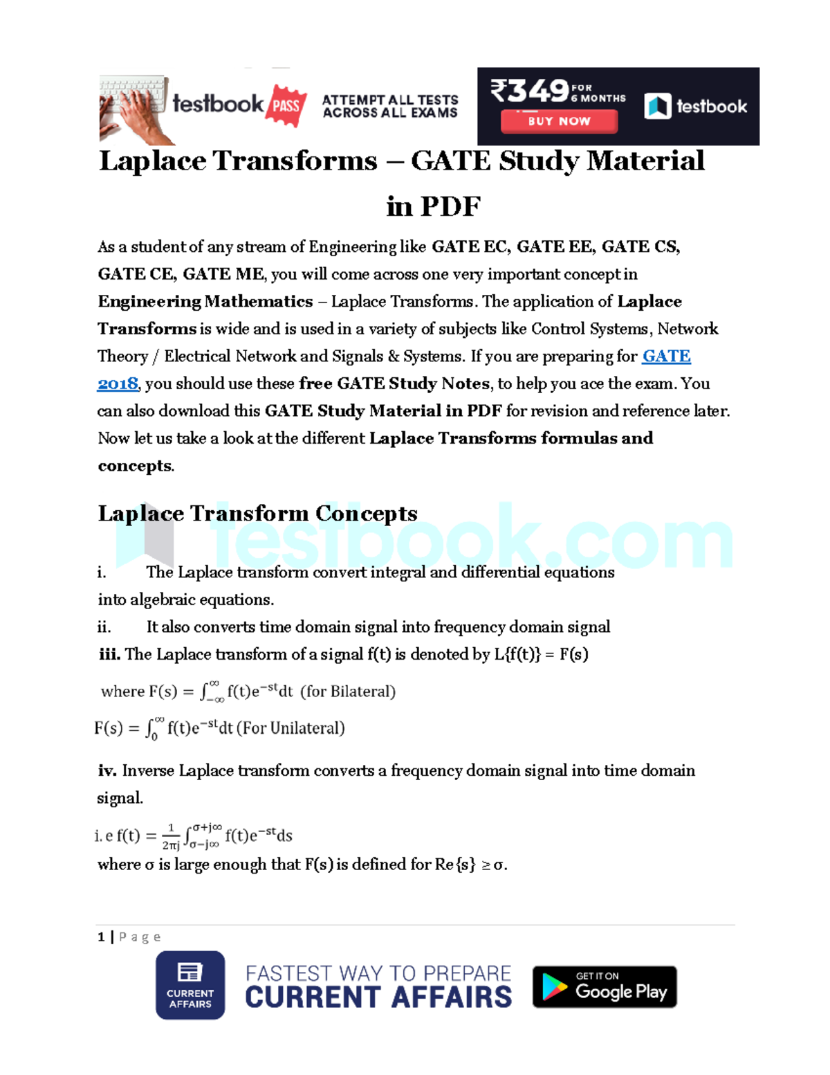 Laplace Transforms - Essential GATE Study Material (GATE EC/EE/CS/CE/ME) - Studocu