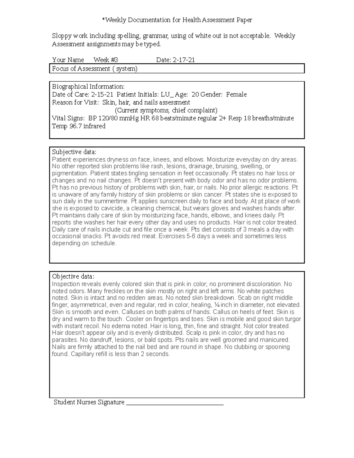 Weekly Documentation for Week 3: Skin, Hair, and Nails Assessment - Studocu