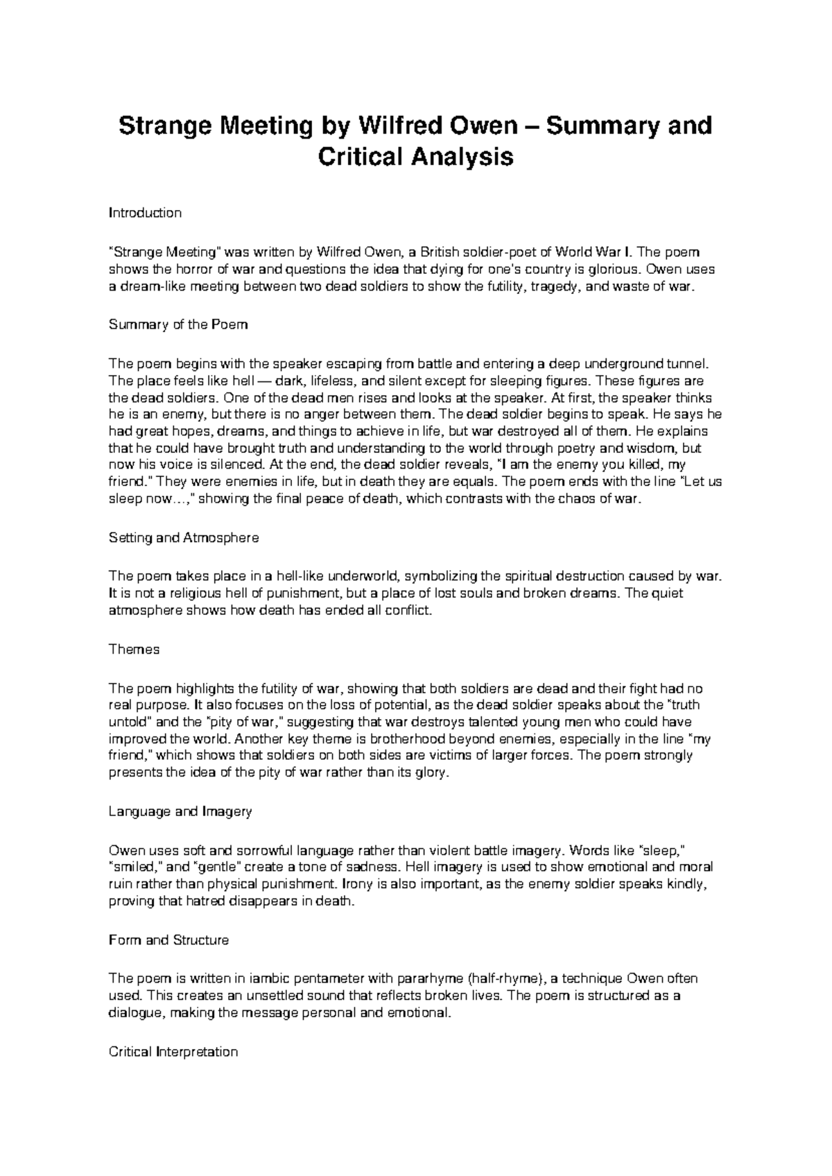 Strange Meeting (ENG 101) Summary & Critical Analysis of Owen's Poem ...