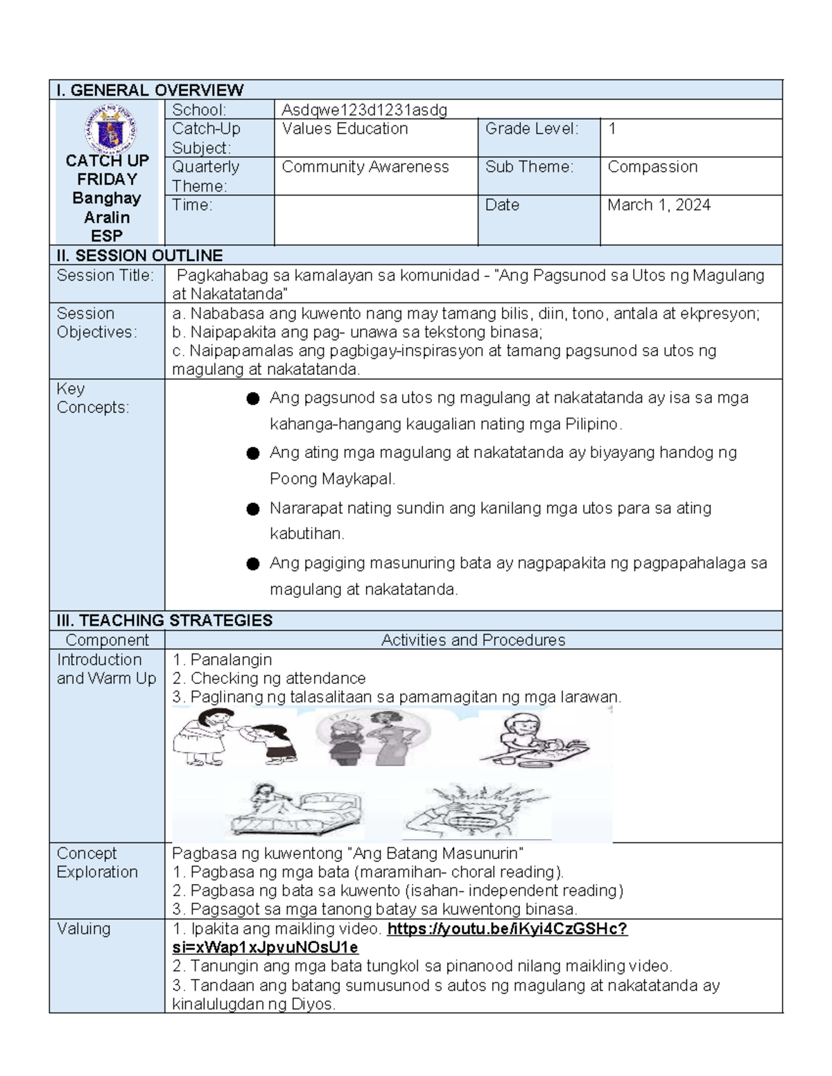 ESP 1: Pagsunod sa Utos ng Magulang - Session Overview and Activities ...