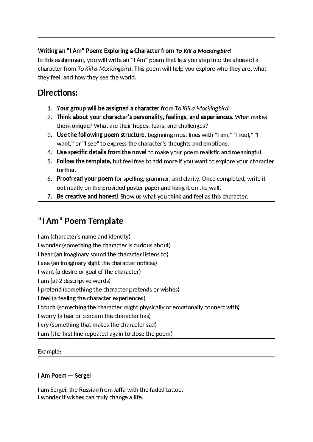 TKAM Character Exploration: I Am Poem Assignment - Studocu