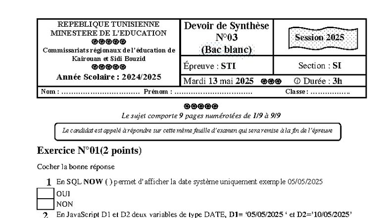 Bac blanc 2025 STI - Devoir de Synthèse et Exercice SQL - Studocu