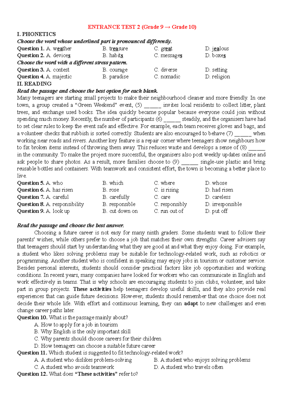 Entrance Test 2 (Grade 9 & 10) - Phonetics, Reading, Vocabulary ...