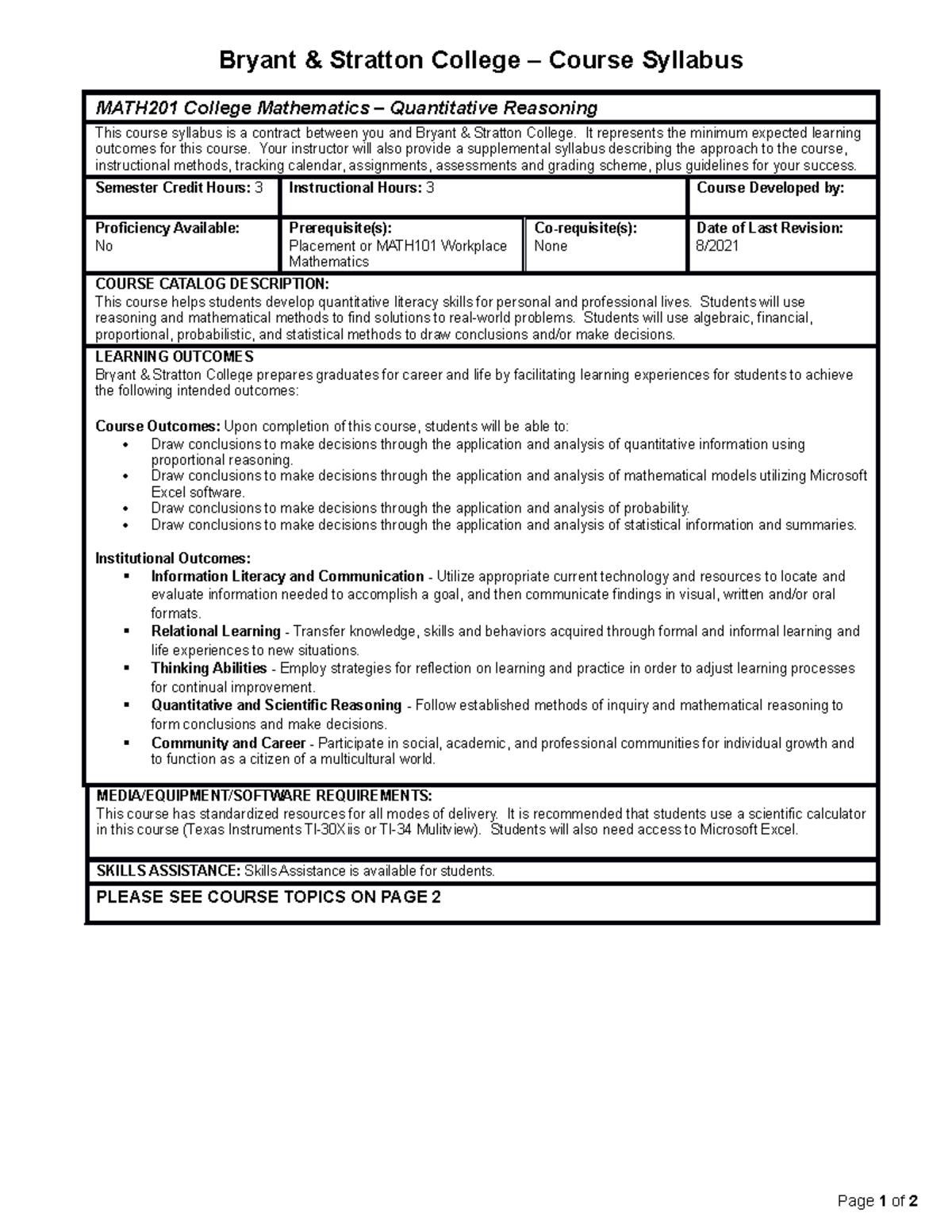 MATH201 Course Syllabus: Quantitative Reasoning Overview and Topics - Studocu