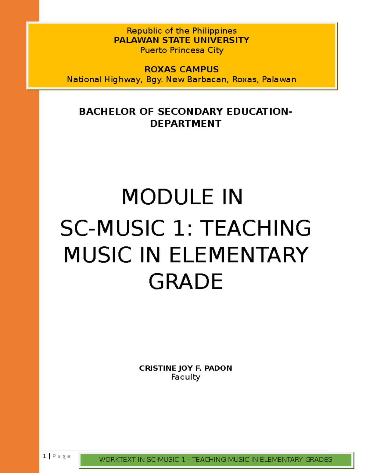 Teaching Music IN Elementary Grade - Edited - BACHELOR OF SECONDARY ...