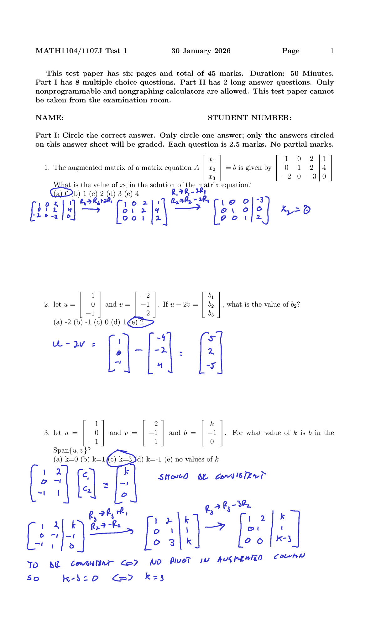 Test 1 Solutions - Linear Algebra (Course Code: Test1) - Studocu