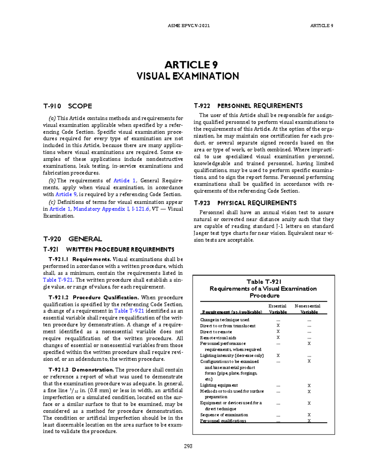 ASME BPVC 2021 Section V ART 9: Visual Examination Requirements - Studocu