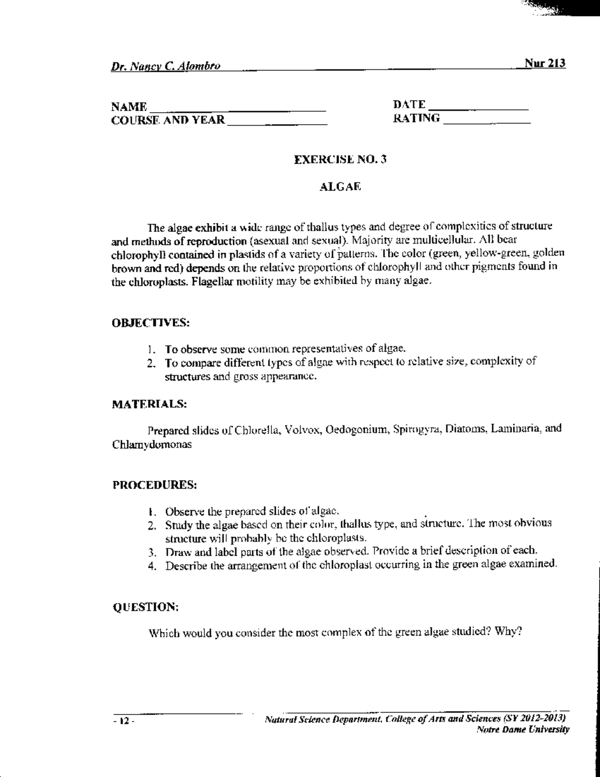 LAB NO. 3 - Algae Study in Nur 213 with Dr. Nancy C. Alombro - Studocu