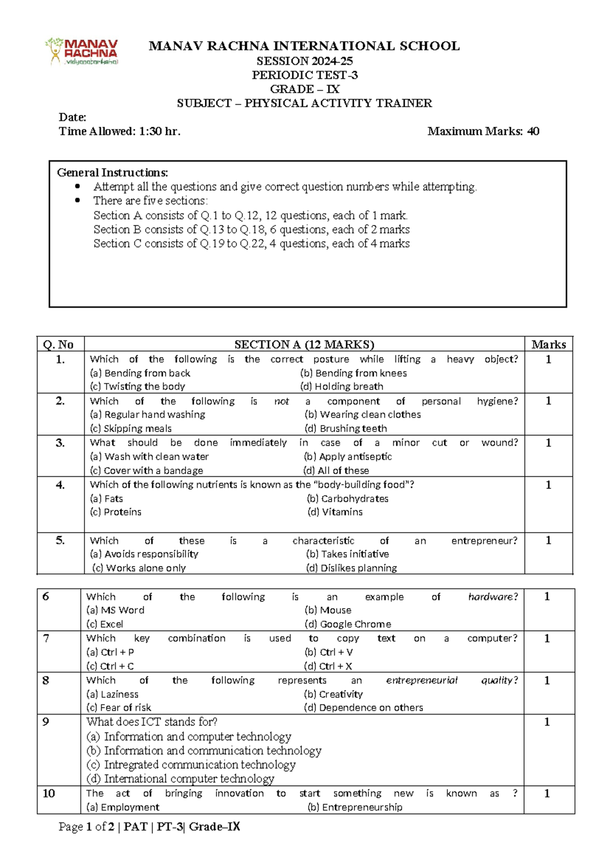 PA-3 Grade IX Physical Activity Trainer Periodic Exam Paper - Studocu