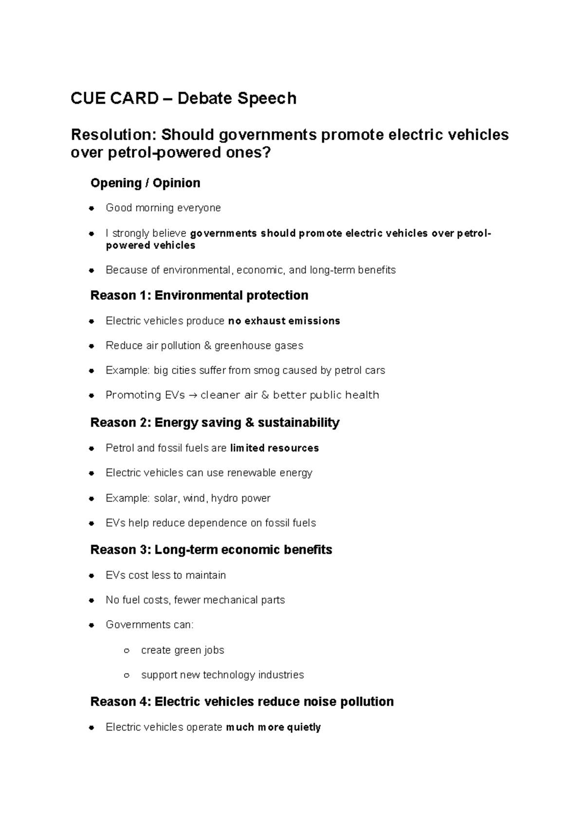 CUE CARD Debate Speech: Promoting Electric Vehicles Over Petrol Cars ...
