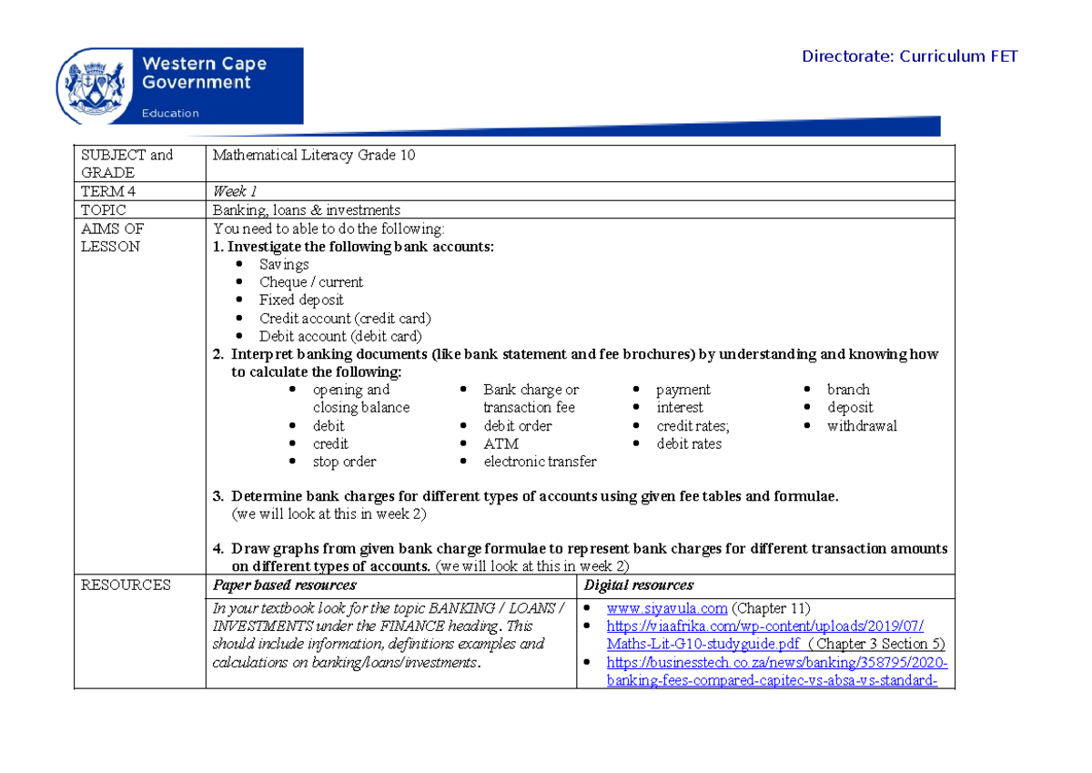 Grade 10 Maths Lit Term 4 Week 1 Lesson Plan: Banking & Investments ...