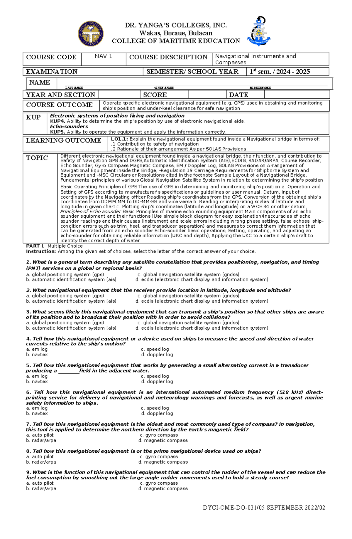 NAV 1 - Final Exam - Navigational Instruments & Compasses - Studocu
