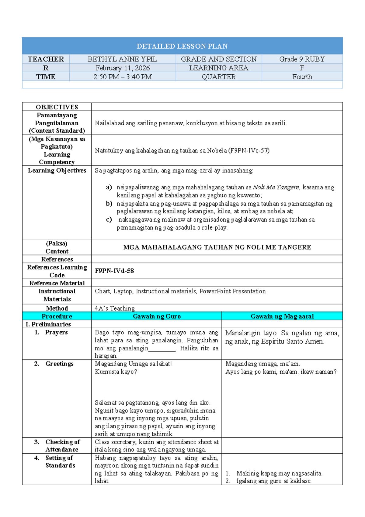 NOLI ME TANGERE 4: Lesson Plan on Key Characters in the Novel - Studocu
