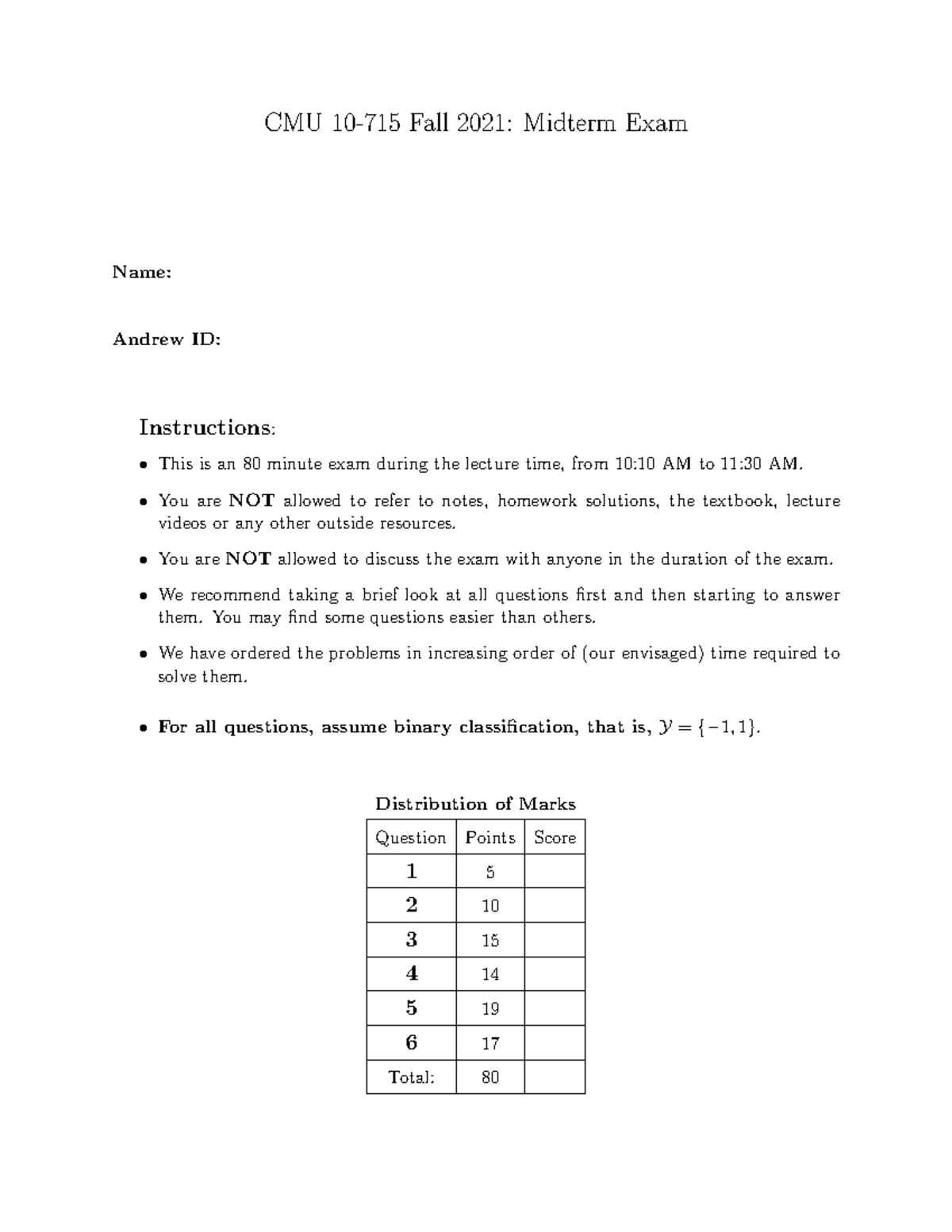 10715 CMU Fall 2021 Midterm Exam Solutions and Guidelines - Studocu